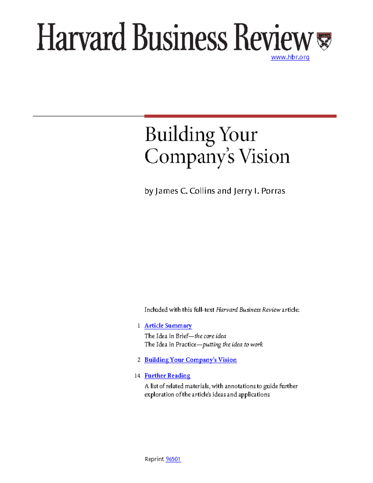 Collins and Porras article - ####### hbr Building Your Company’s Vision ...