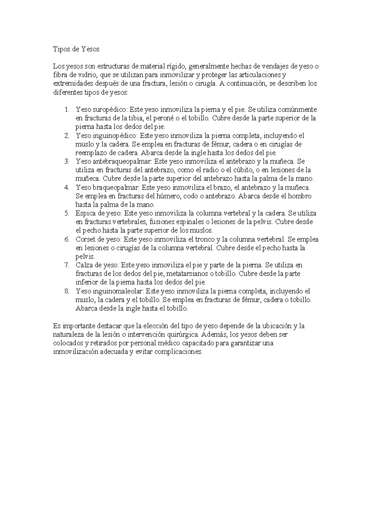 Tipos de Yesos: Clasificación y Usos en Fracturas y Lesiones - Studocu