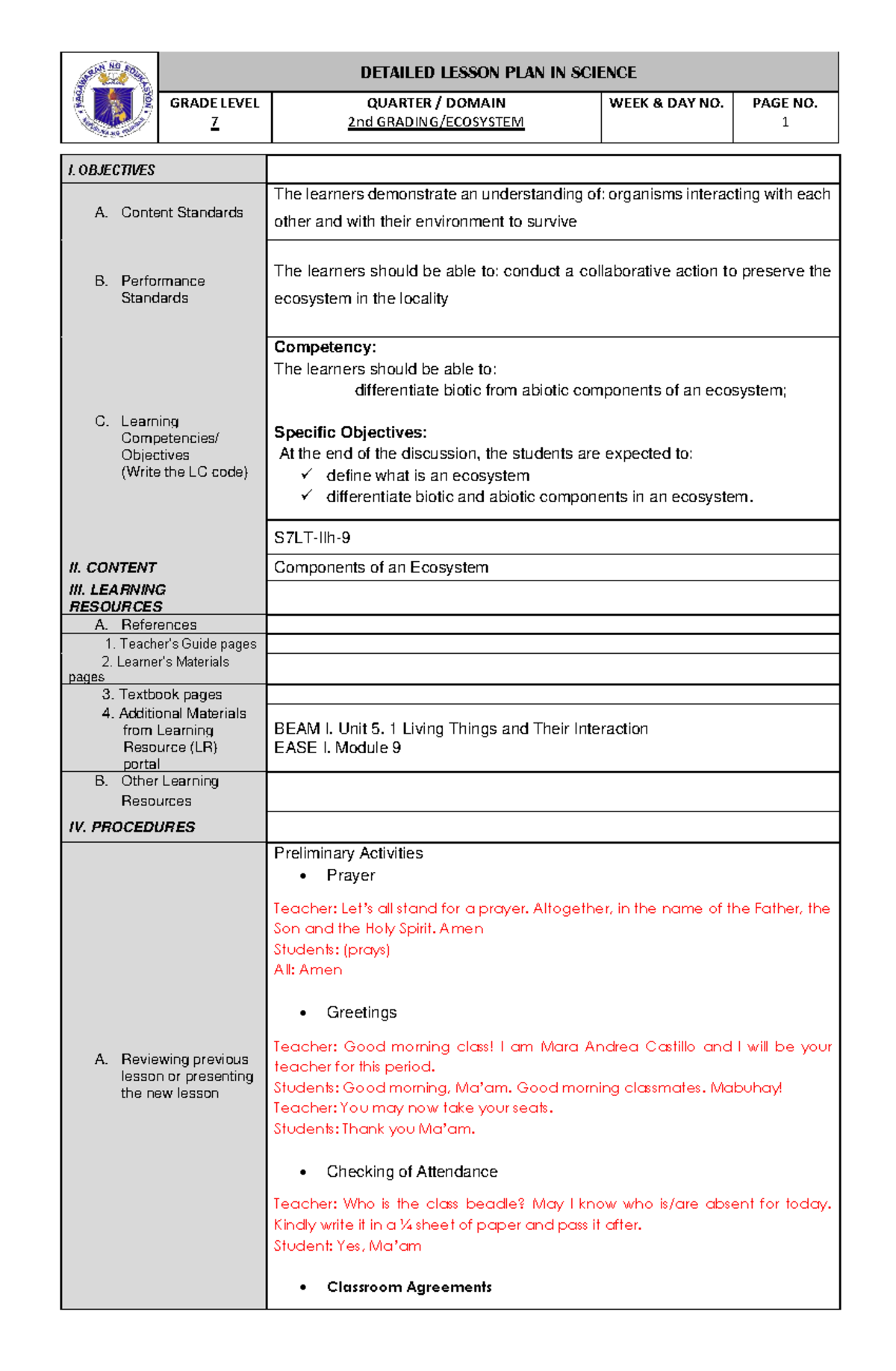 DLP - 7th Grade Ecosystem Lesson Plan for 2nd Grading Period - Studocu