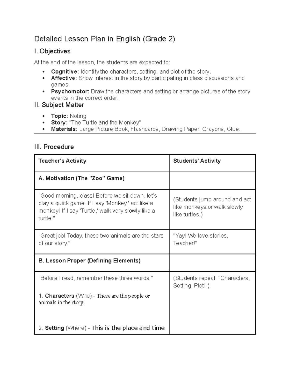 Detailed Lesson Plan: English Grade 2 - Story Elements - Studocu