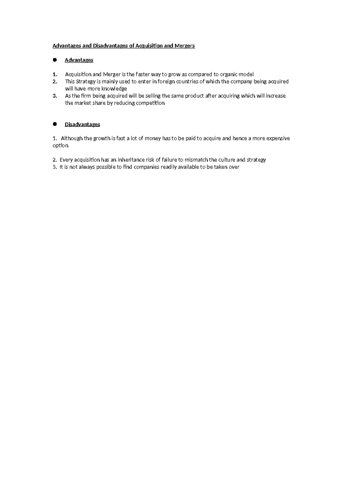 Advantages and Disadvantages of Mergers & Acquisitions (M&A) - Studocu