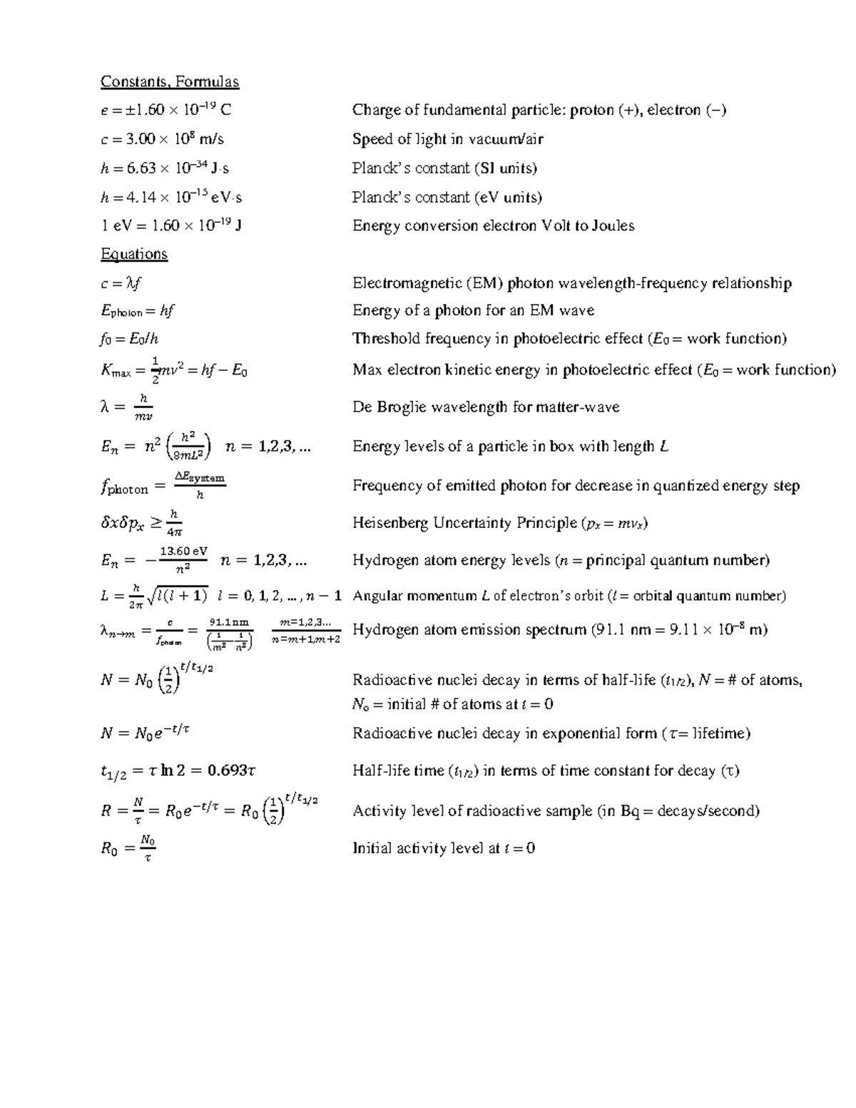 Final Physics 5C S2024 equations - Constants, Formulas e = ±1 10 – 19 C Charge of fundamental ...