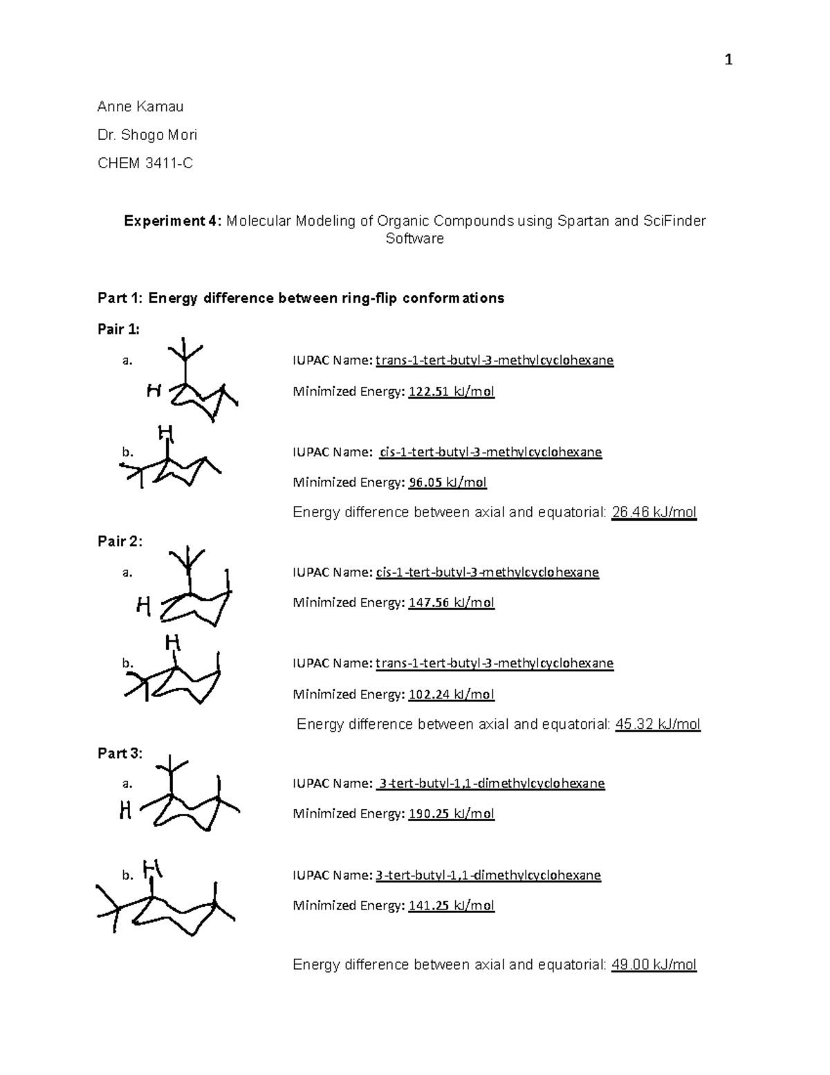 CHEM 3411-C Experiment 4: Molecular Modeling with Spartan Software ...