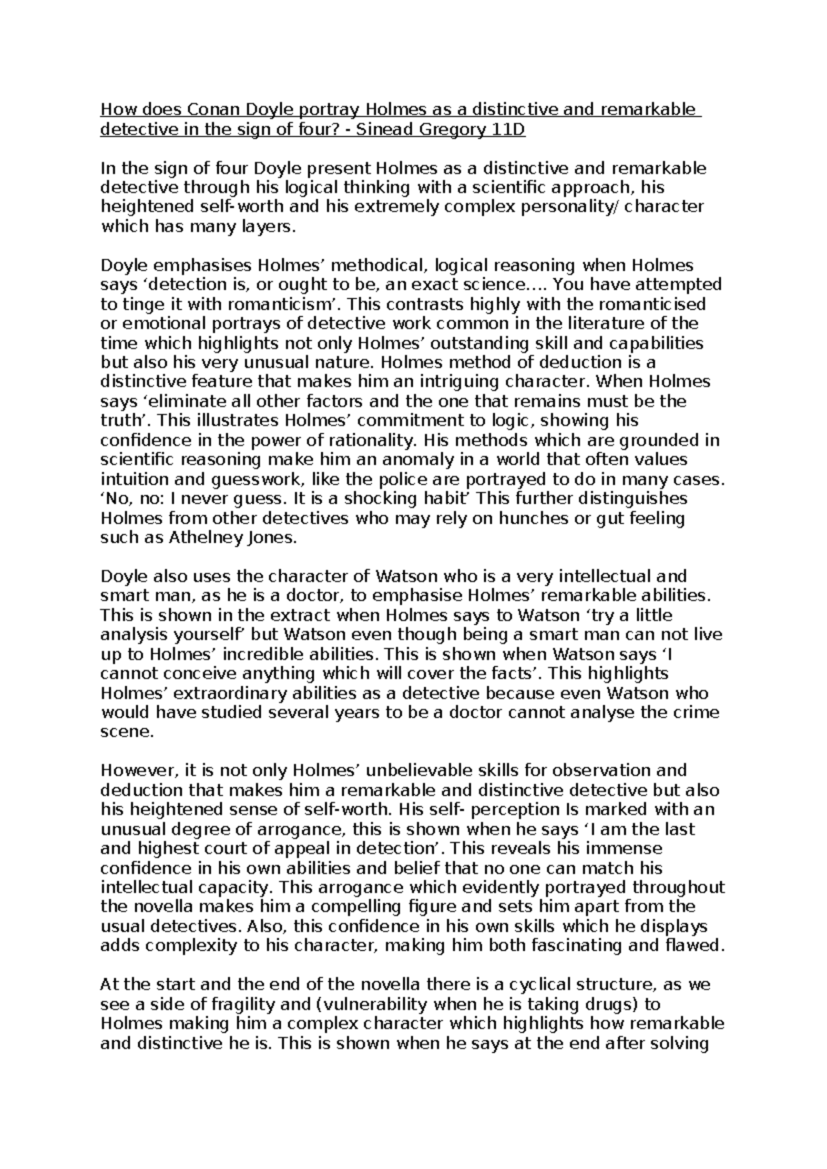 Doyle's Presentation of Sherlock Holmes as a Distinctive Detective in ...