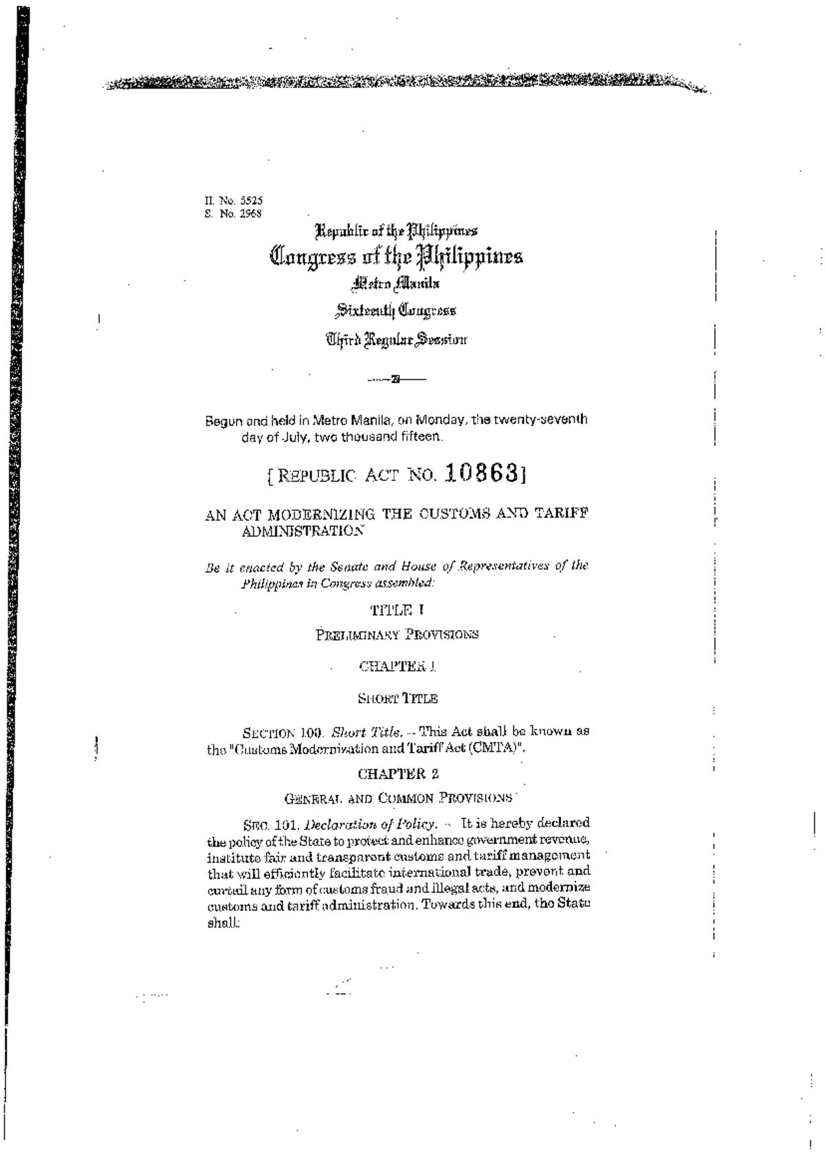 CMTA-RA-10863 - Customs Administration - Studocu