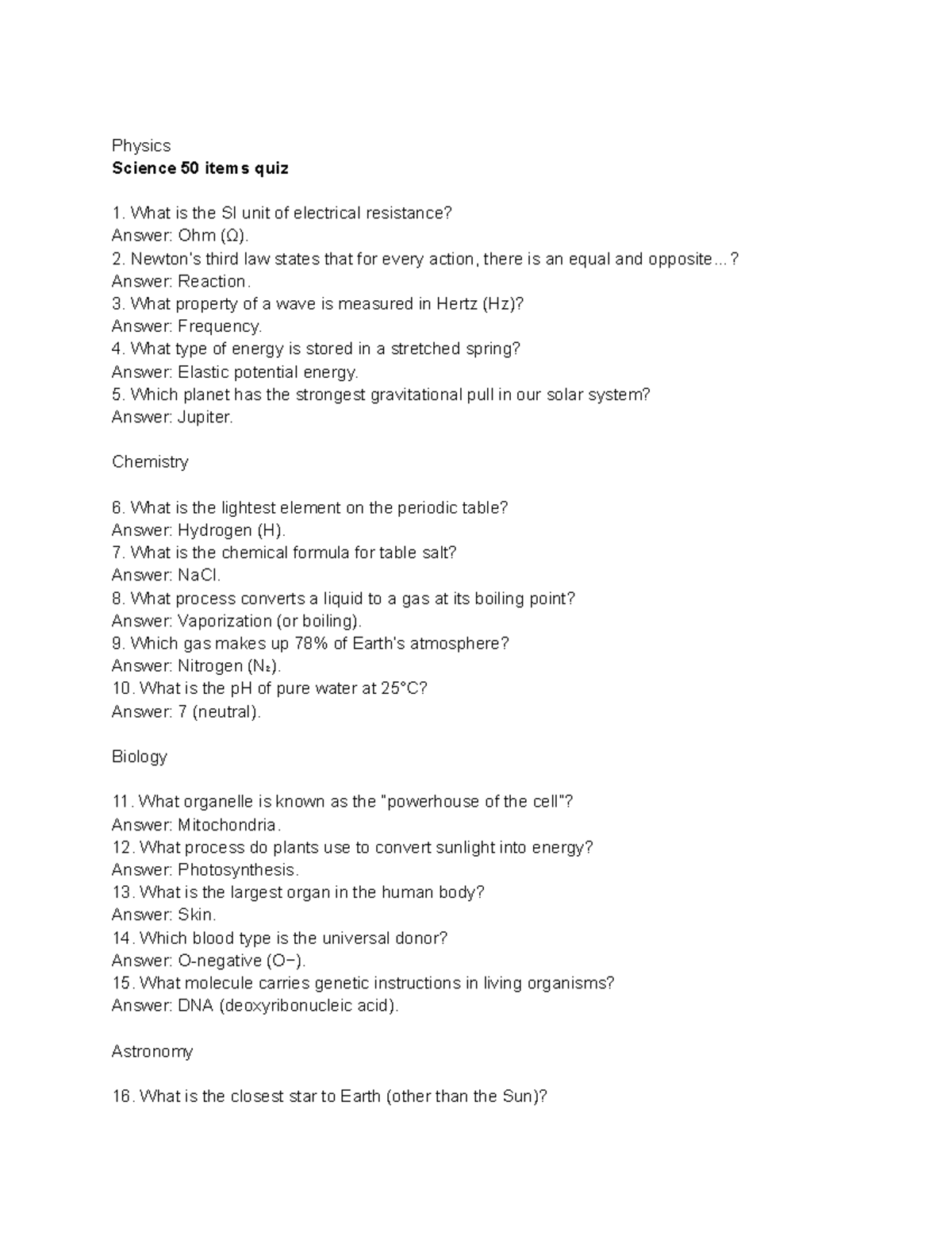 Physics and Science Quiz: 50 Items (Quiz 1) - Studocu