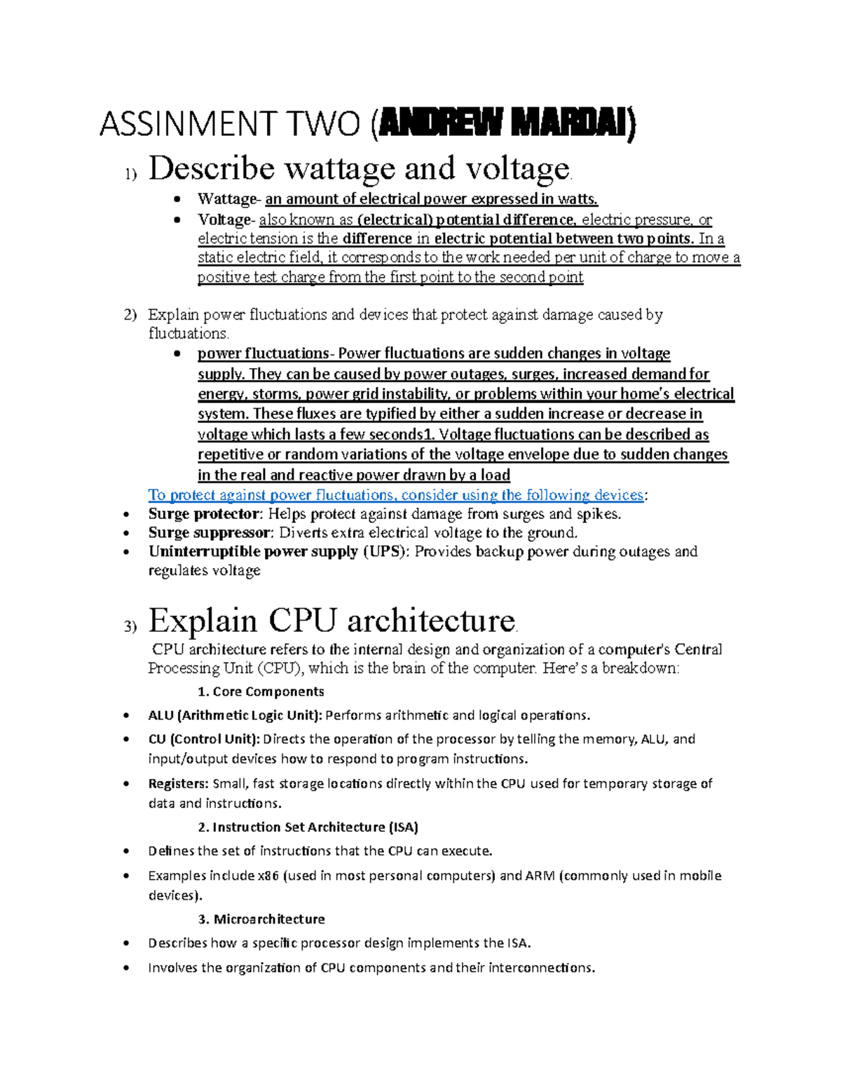 Assignment 2: Electrical Concepts, CPU Architecture, and RAID Overview - Studocu