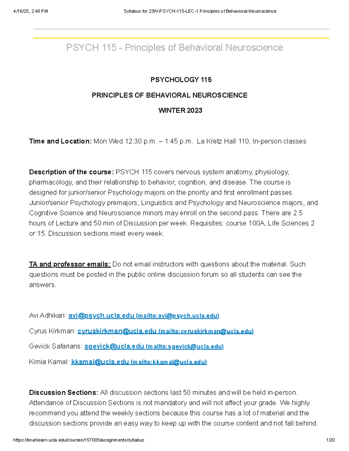 Syllabus for 23W PSYCH 115 LEC 1: Behavioral Neuroscience Principles ...