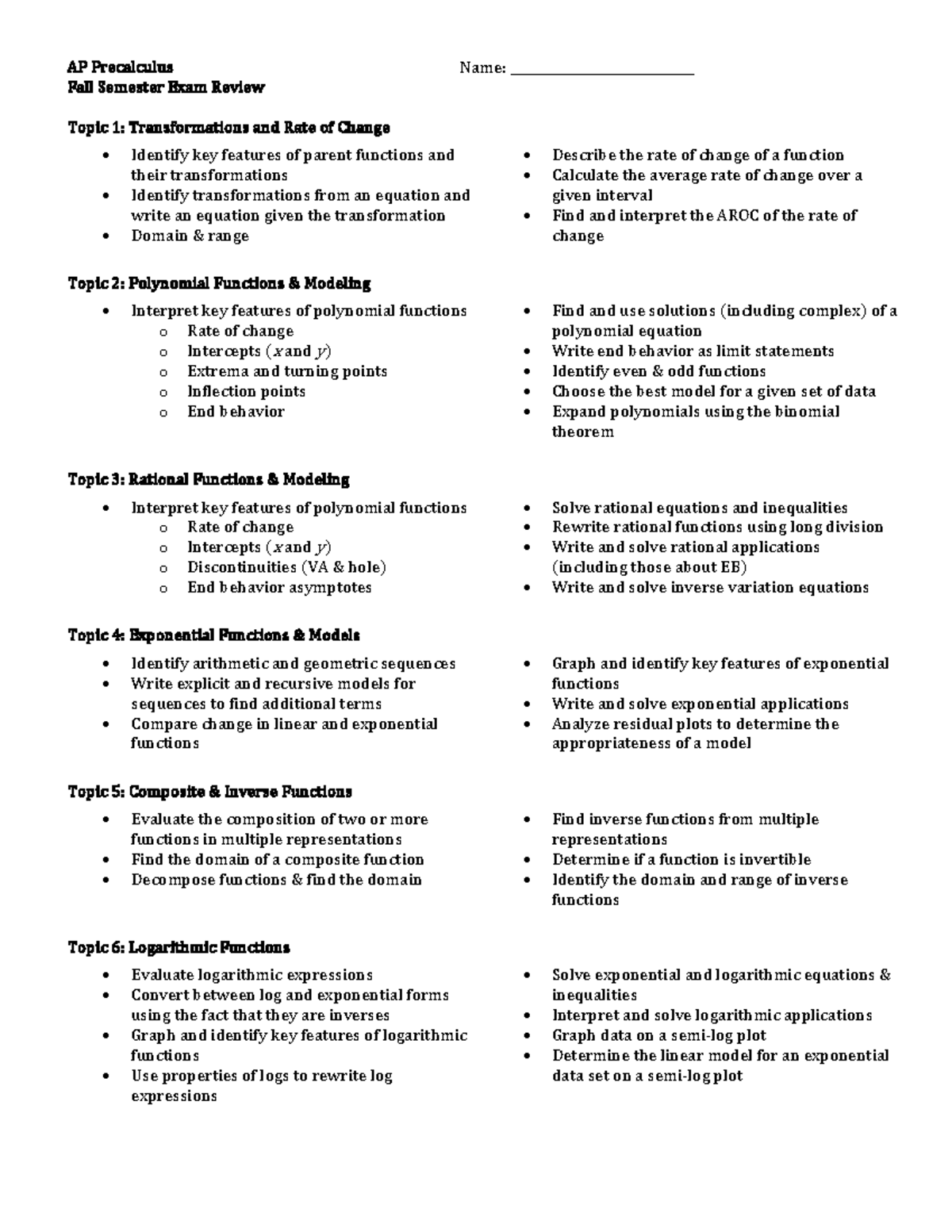 2025 AP Precalculus Fall Semester Exam Review Guide - Studocu