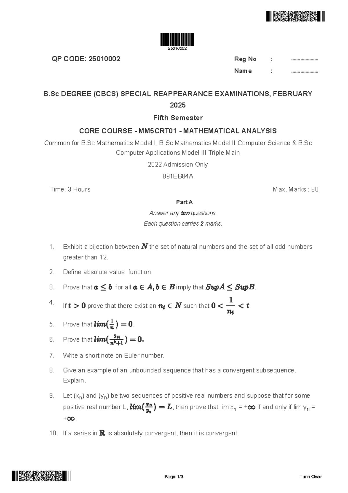 MM5CRT01 B.Sc 5th Sem Final Exam: Mathematical Analysis Notes - Studocu