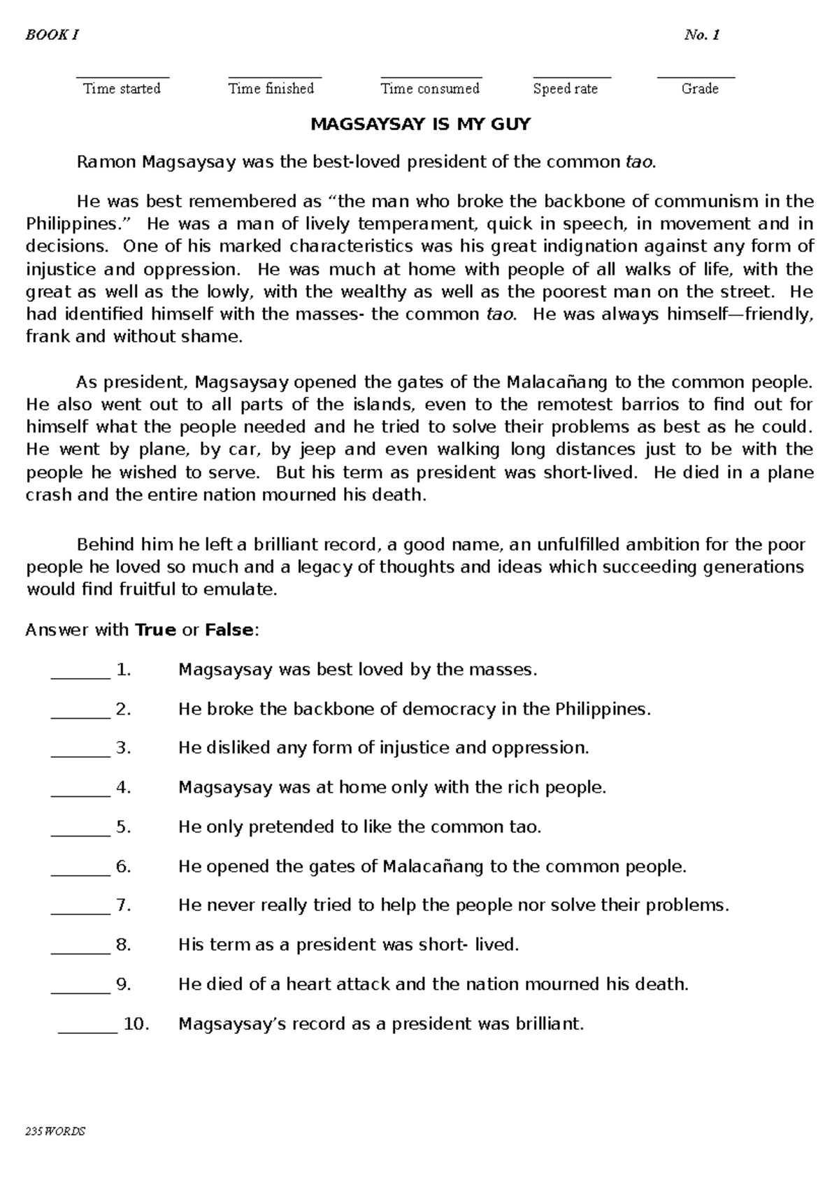 Grade 7 Reading Comprehension Tests: Magsaysay to Mother Teresa - Studocu