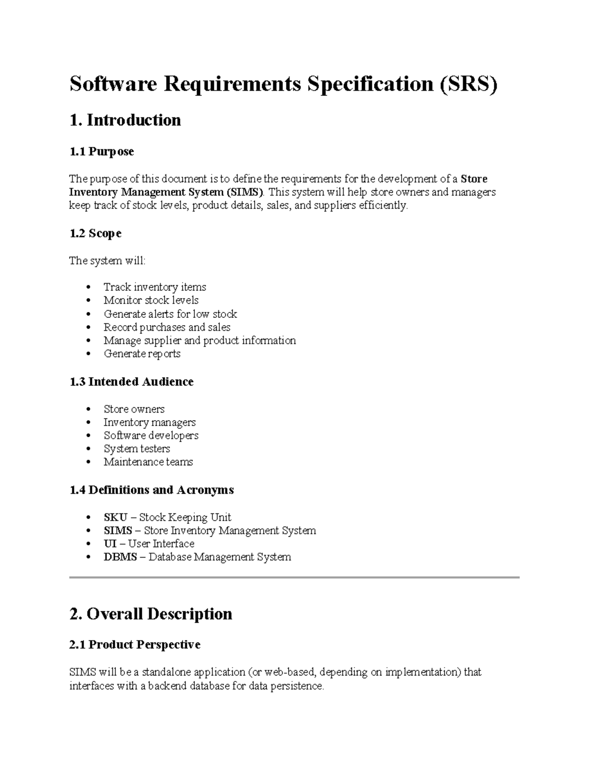 Software Requirements Specification (SRS) for SIMS A74 - Studocu