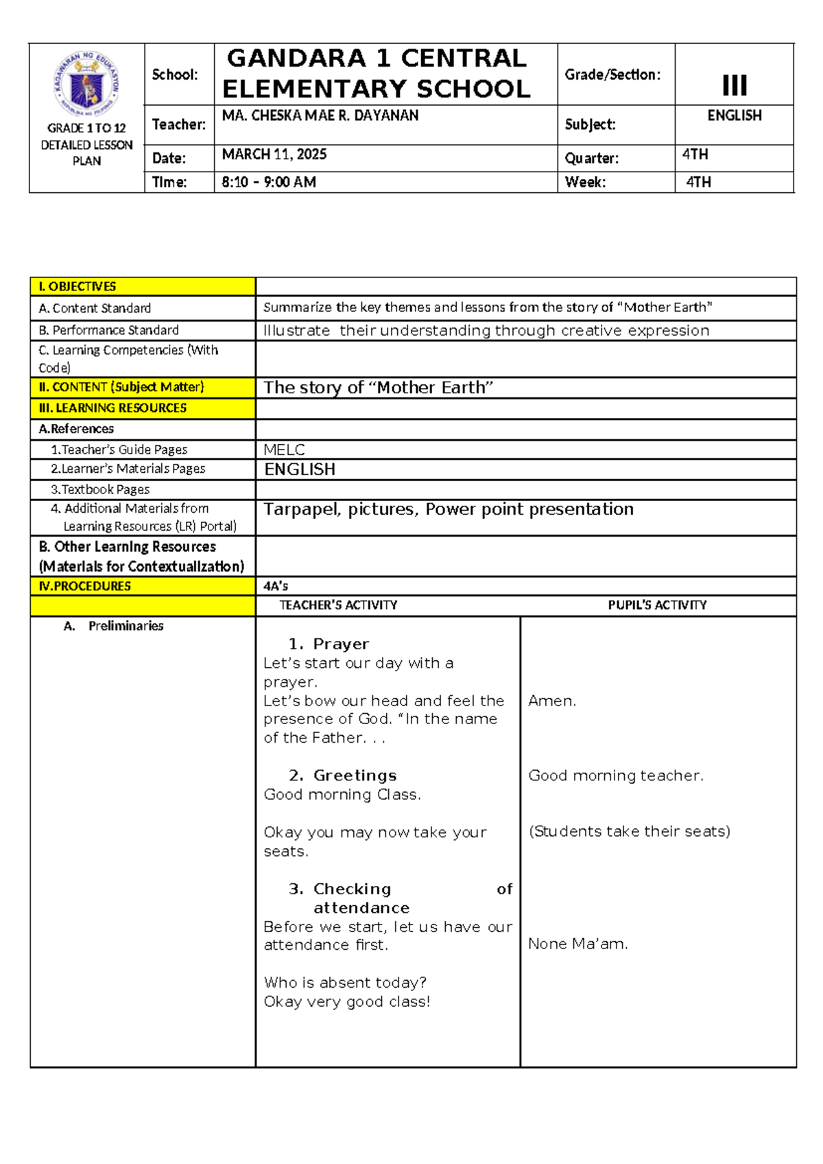 English Tuesday Detailed Lesson PLAN March 11, 2025 - I. OBJECTIVES A ...