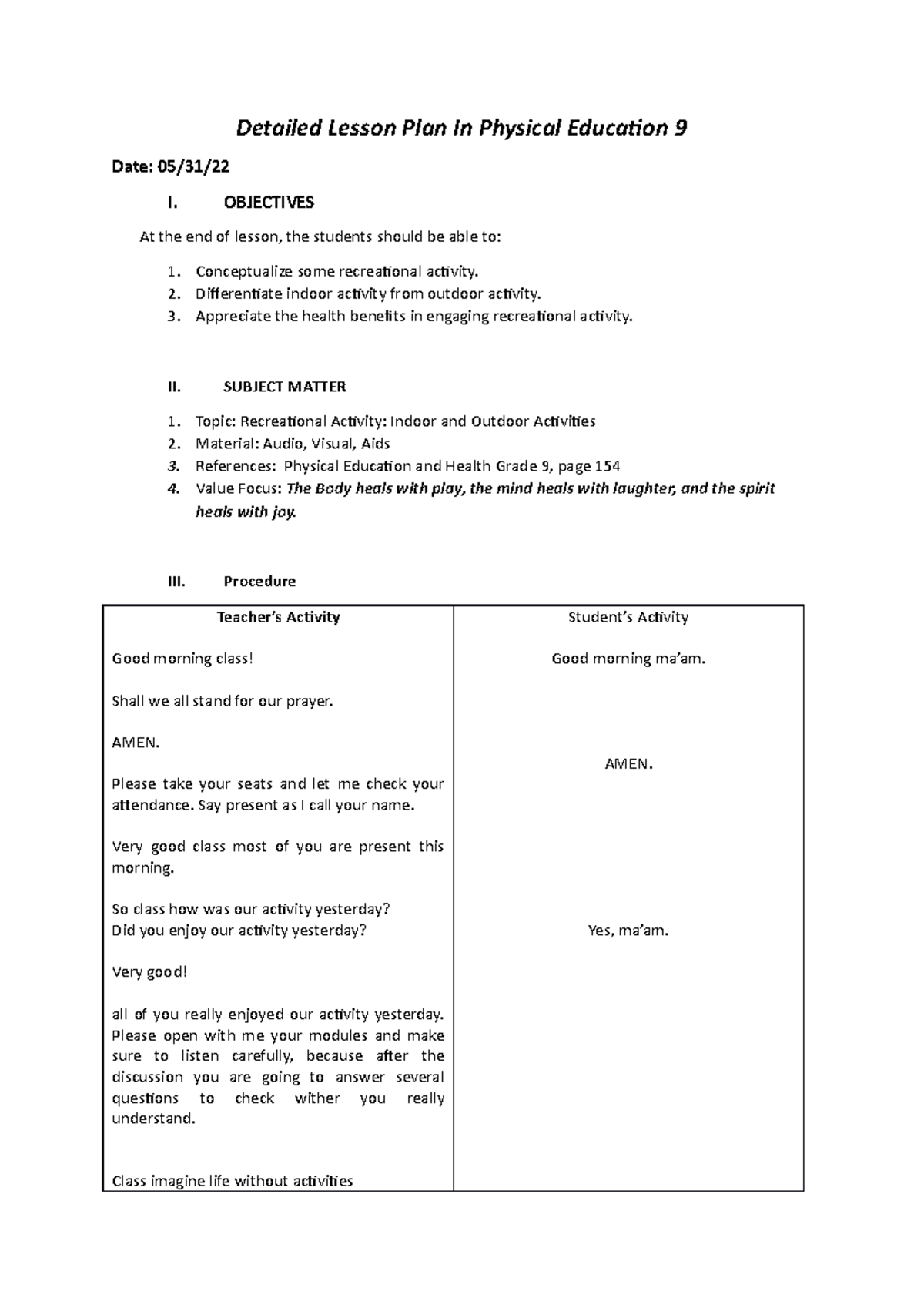 Detailed Lesson Plan on Recreational Activities (PE 9) - Studocu