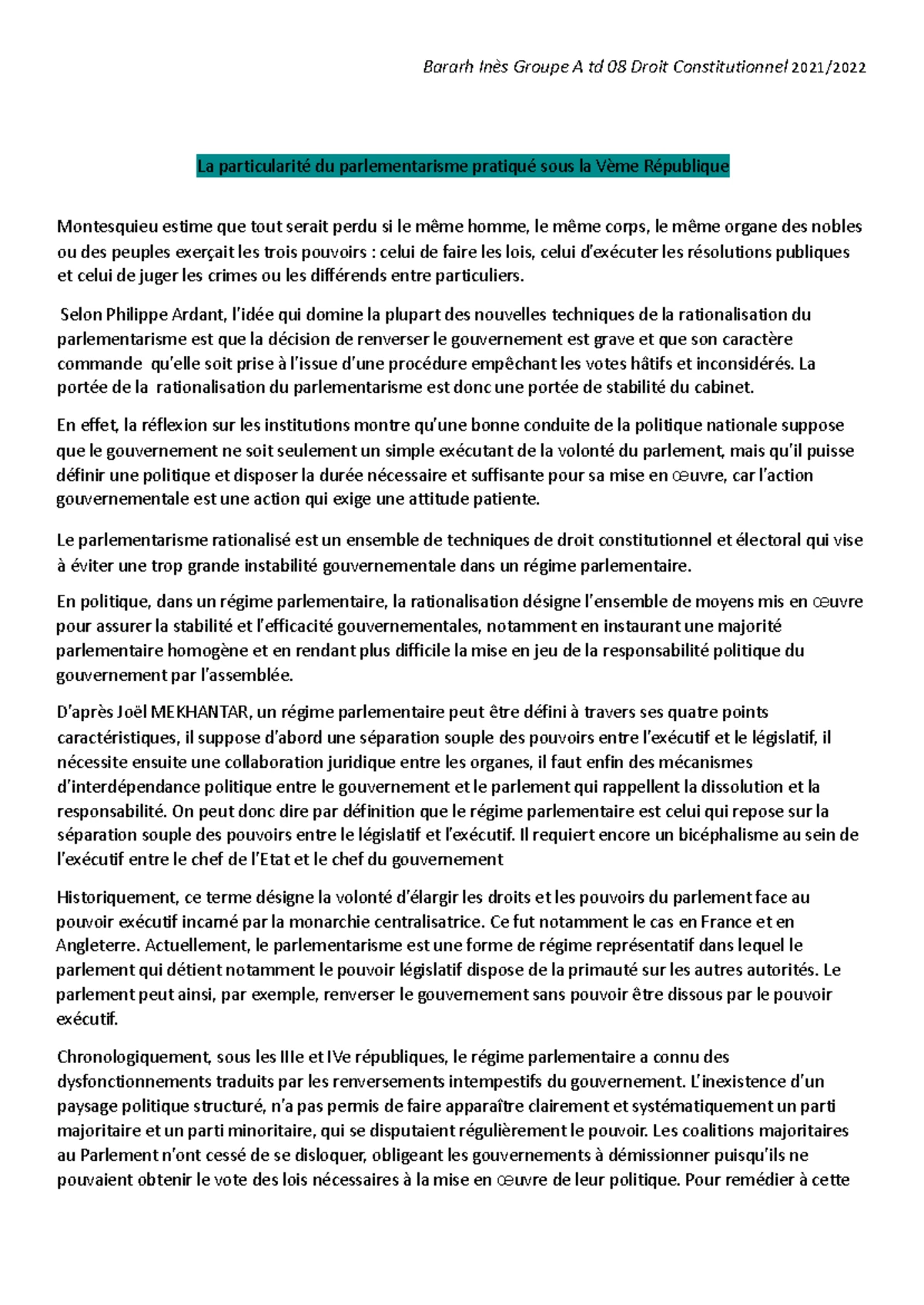 Droit Constitutionnel : Dissertation sur la Séparation des Pouvoirs en ...