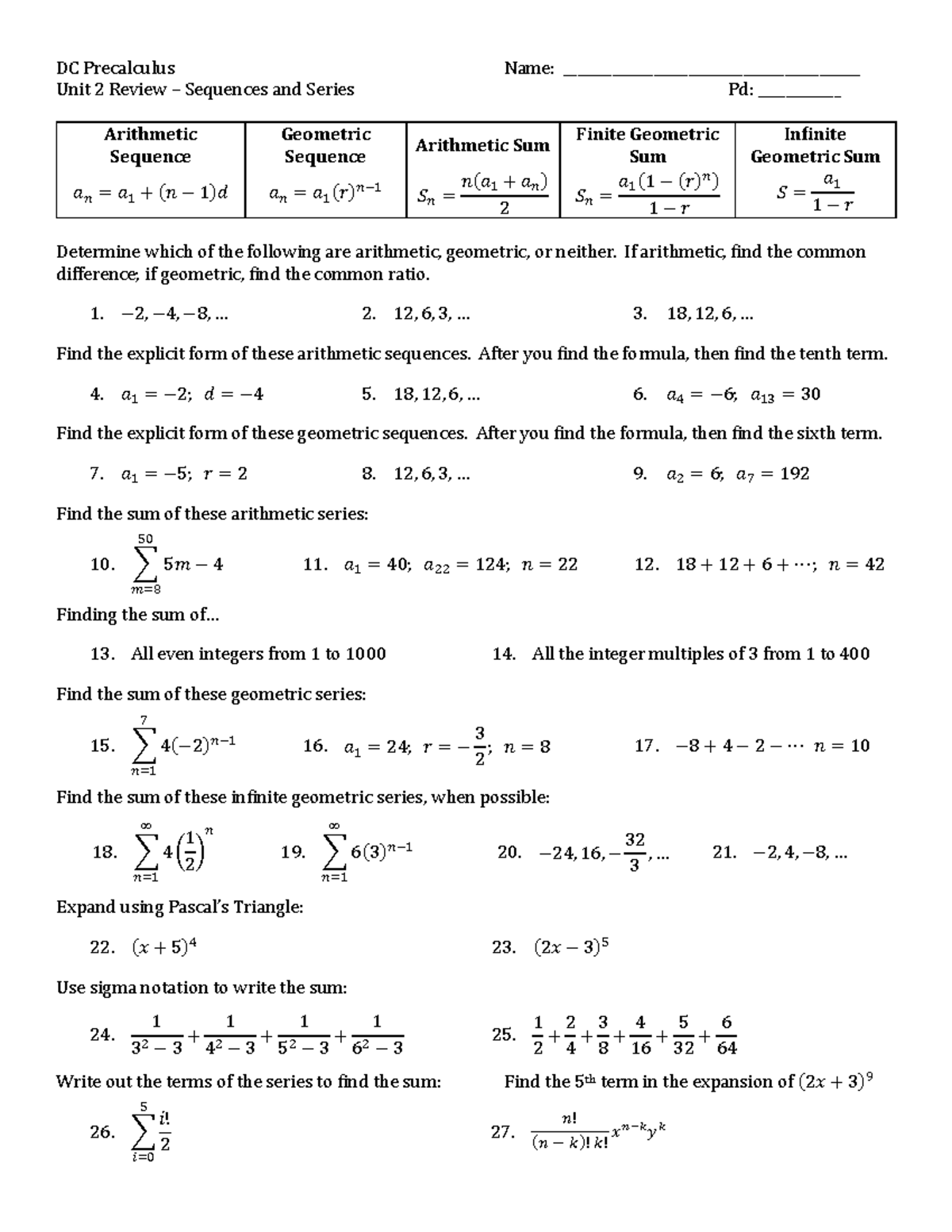 DC Precalculus Unit 2 Review: Sequences and Series - Studocu