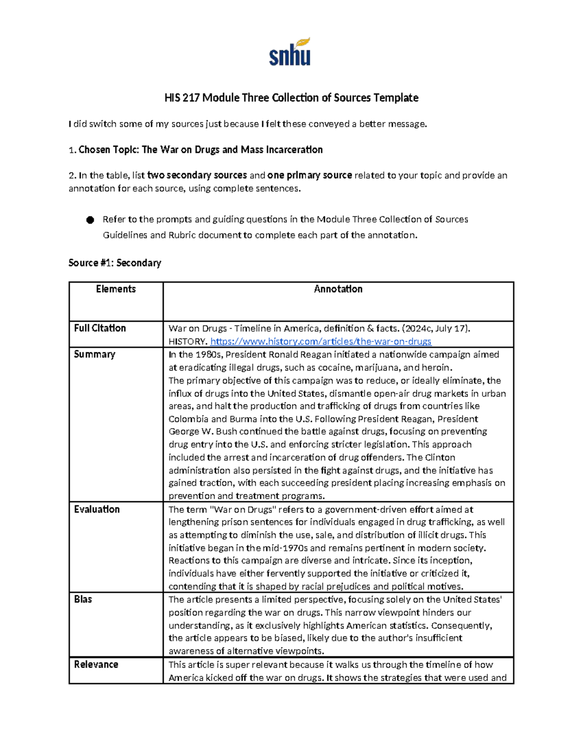 HIS 217 Module Three Annotated Sources on War on Drugs - Studocu