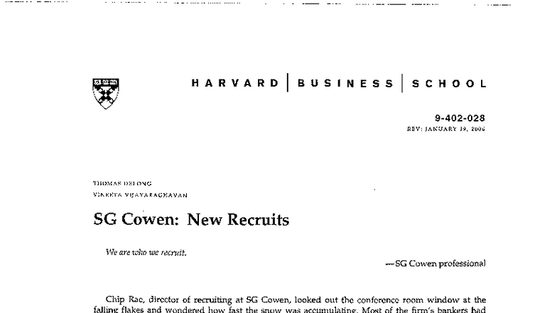 SG Cowen Case Study: Recruitment Strategies and Challenges - Studocu