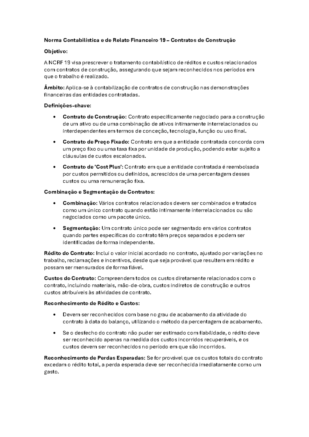 NCRF 19 - Tratamento Contabilístico em Contratos de Construção - Studocu