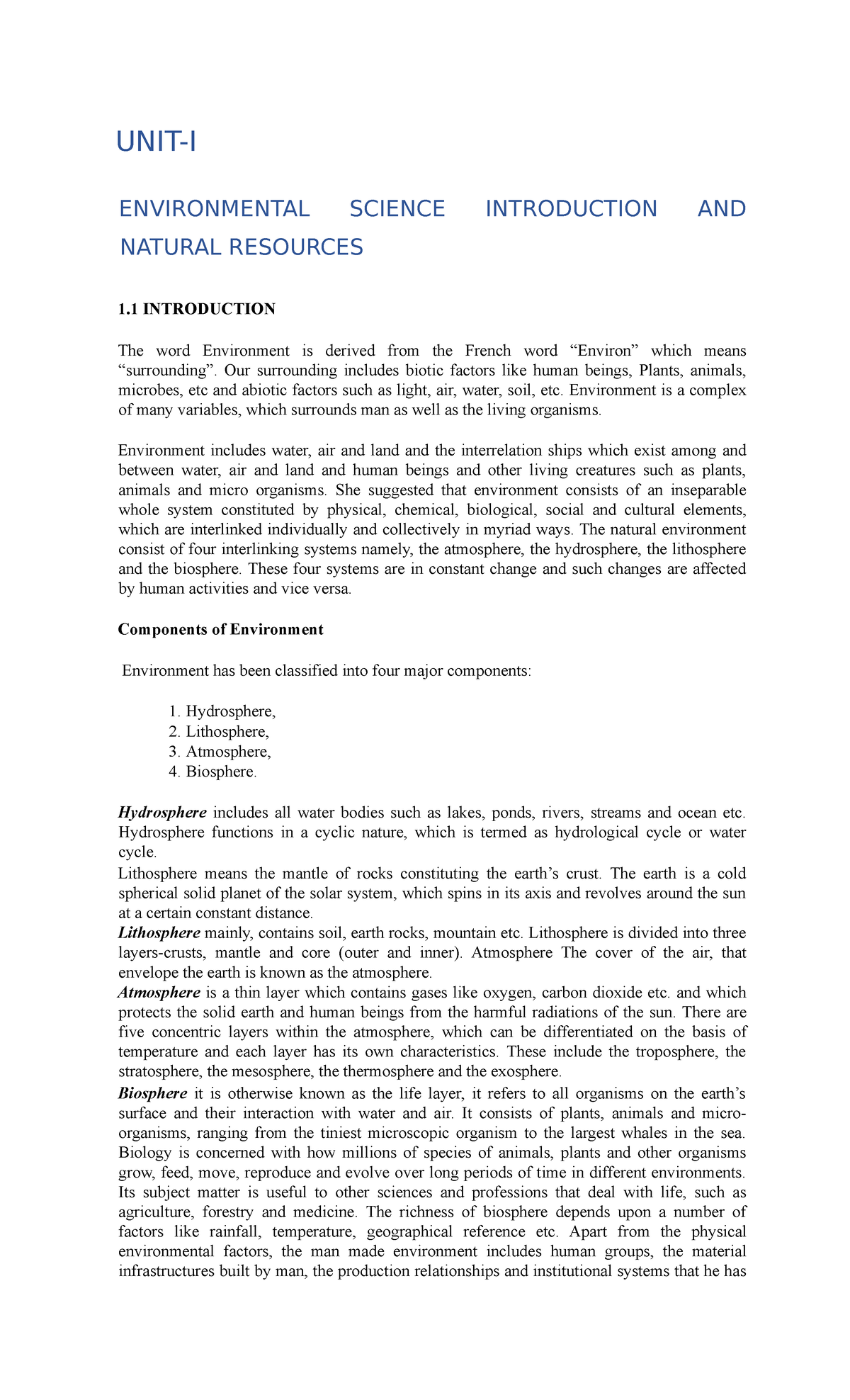UNIT I Concept OF Environmental Science - UNIT-I ENVIRONMENTAL SCIENCE ...