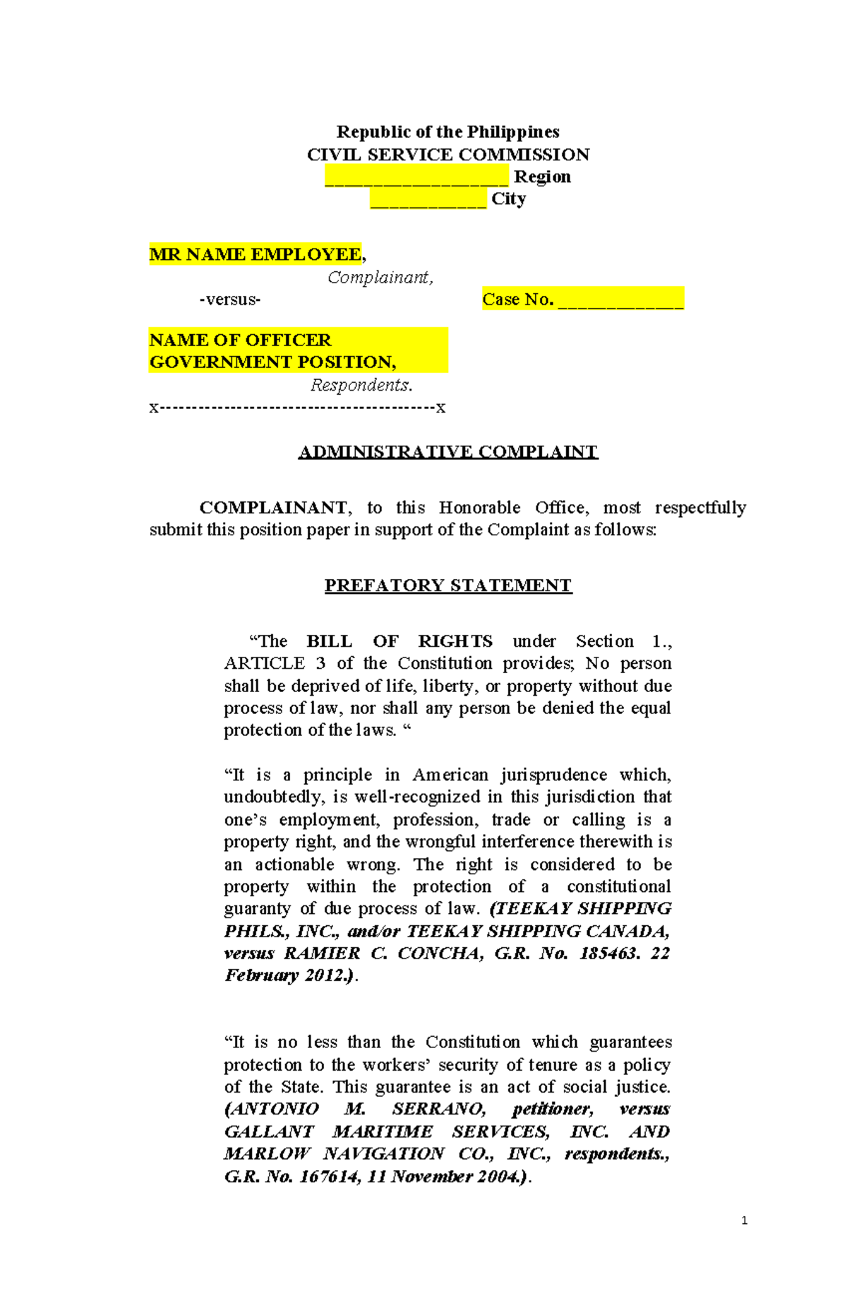 Administrative Complaint Position Paper - Case No. [NAME] - Studocu
