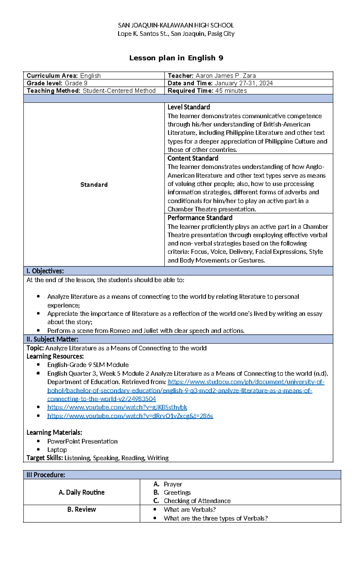 Lesson Plan on Types of Sentences: Structure in English 10 - Studocu