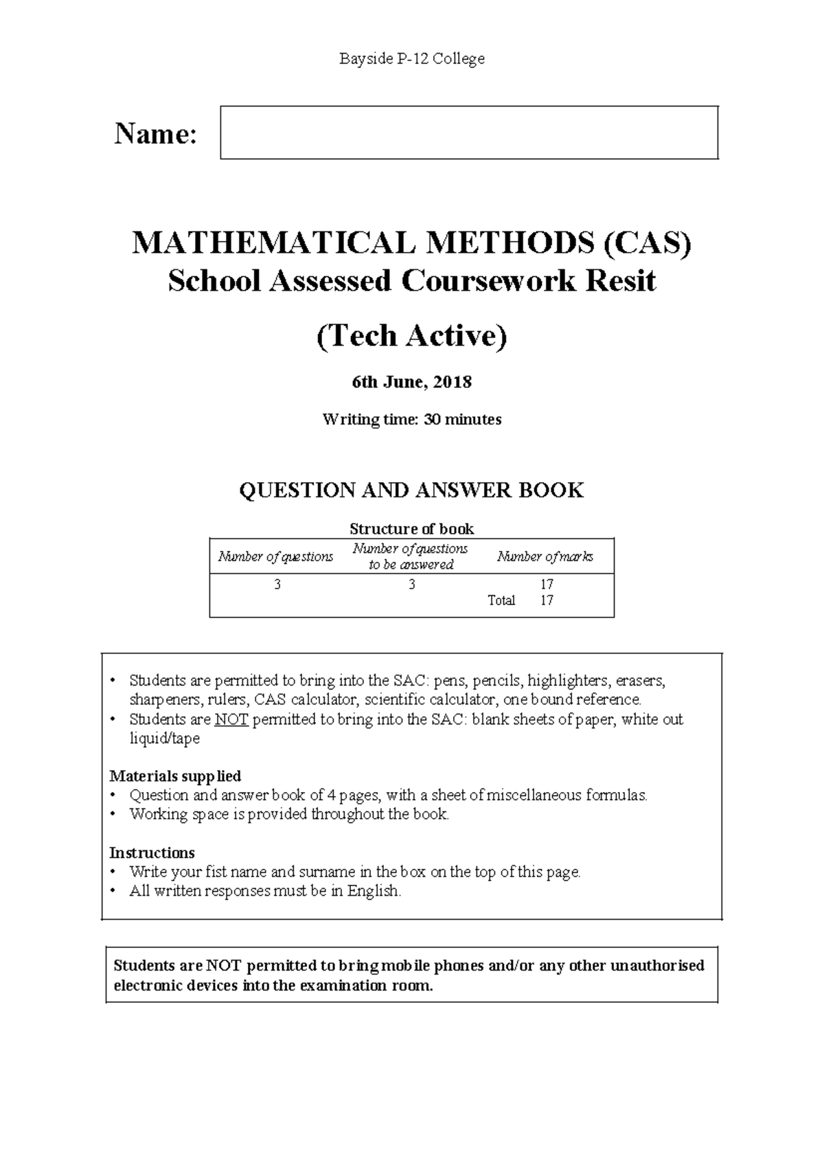 MATHEMATICAL METHODS (CAS) SAC 1 Resit Exam Questions & Answers - Studocu