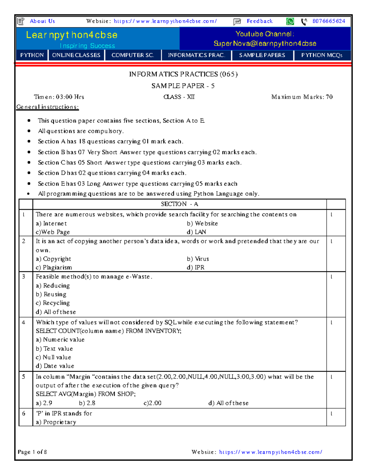 Sample Paper 5: Python MCQs & SQL Queries for Class XII (065) - Studocu
