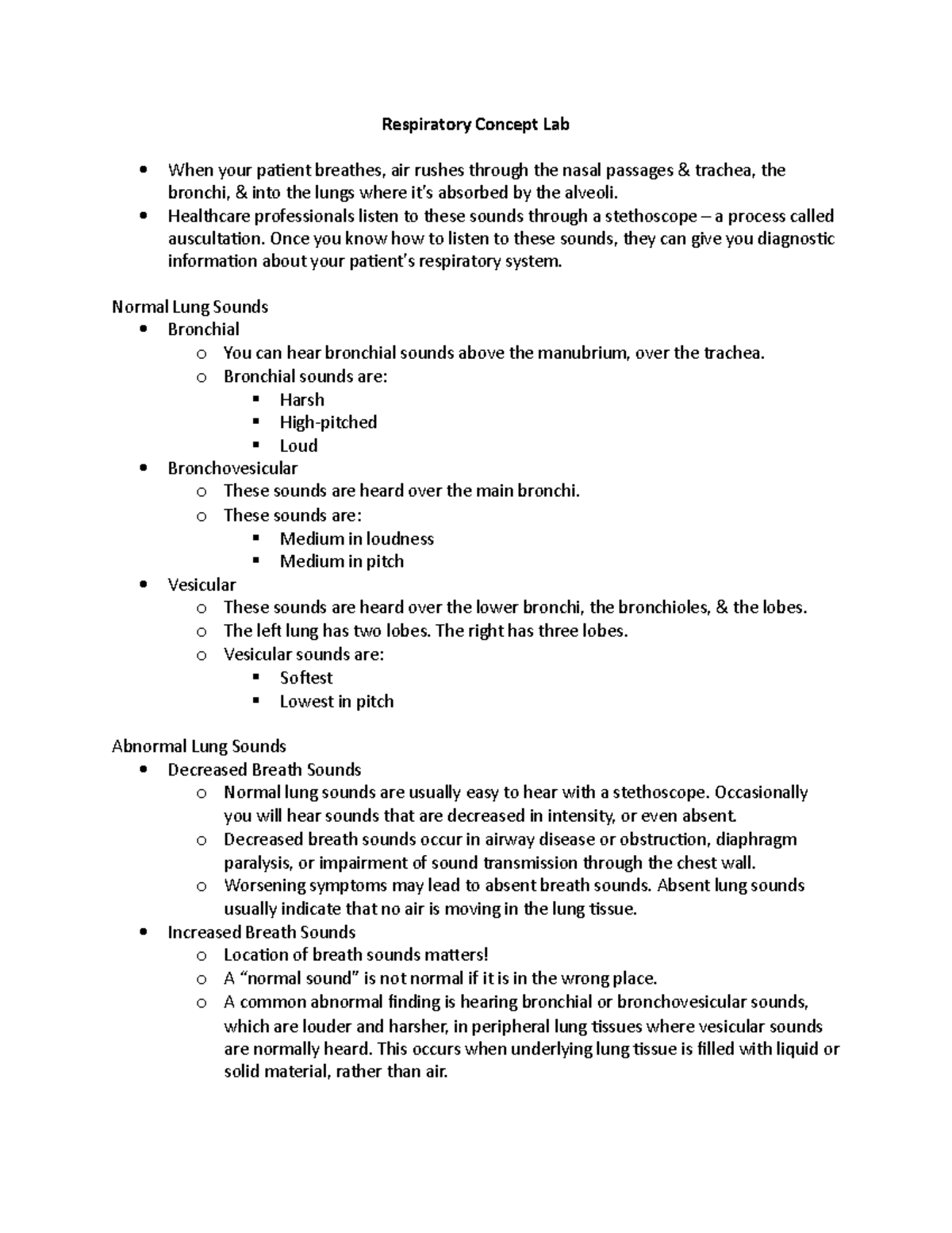 Respiratory Concept Lab Notes: Understanding Lung Sounds and ...