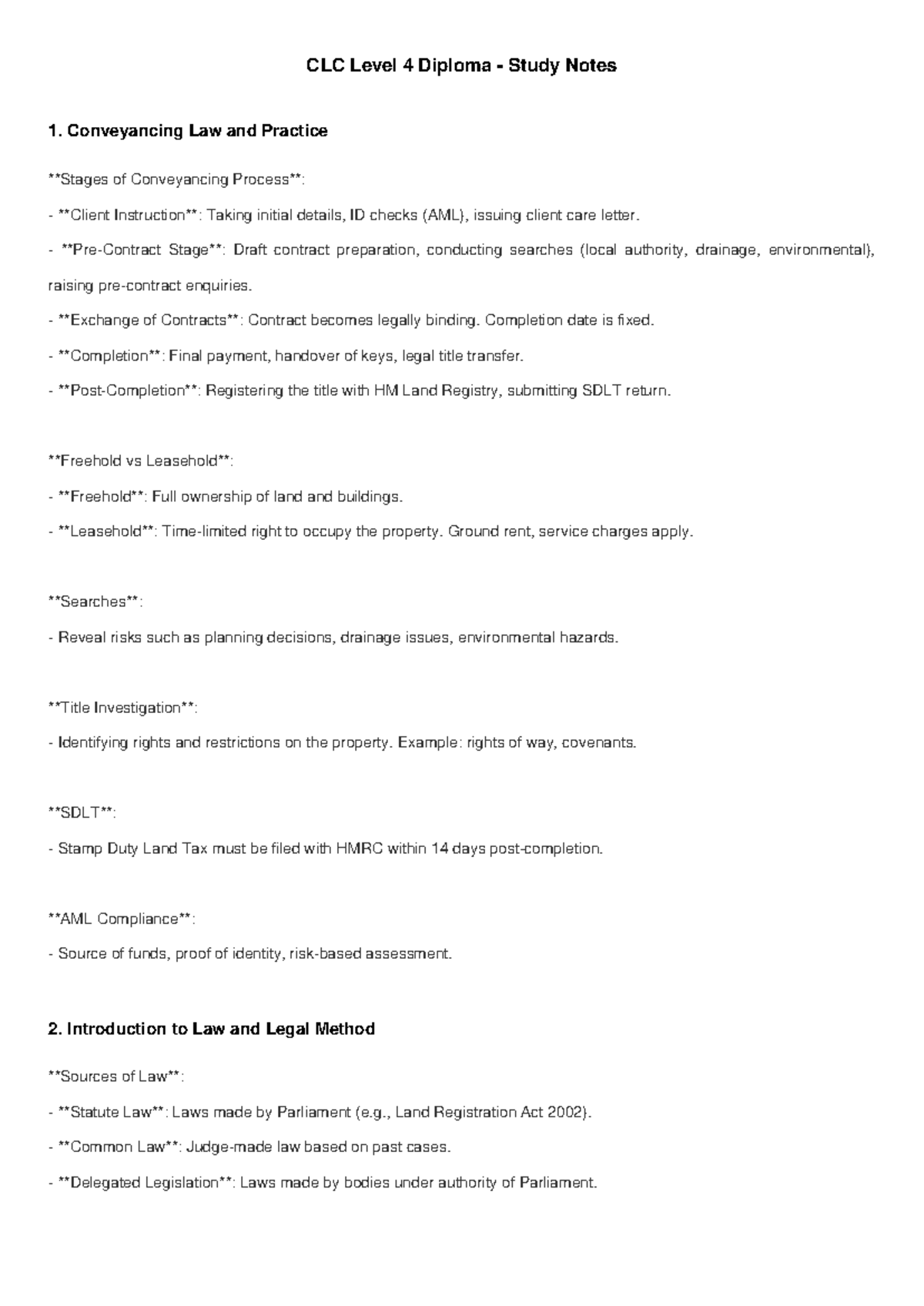 CLC Level 4 Diploma Study Notes: Conveyancing Law & Legal Method - Studocu