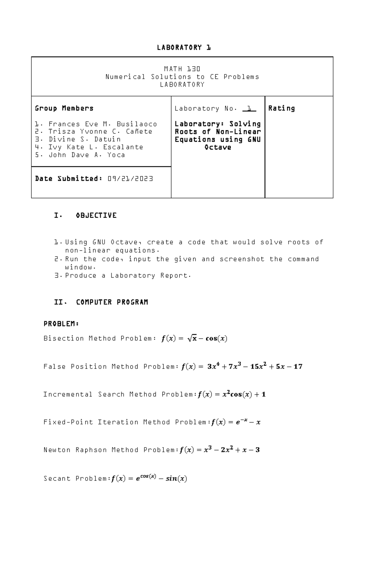 MATH 130 - Laboratory 1 (BSCE-3A) - LABORATORY 1 MATH 130 Numerical ...