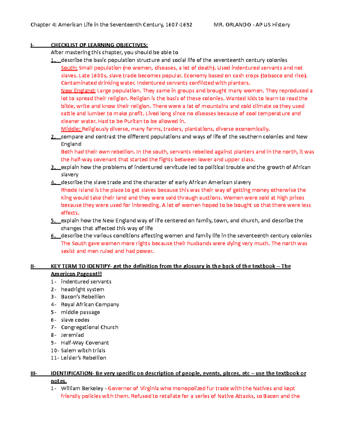 Ch 4 Study Guide - Seventeenth Century Colonies Overview and Key ...