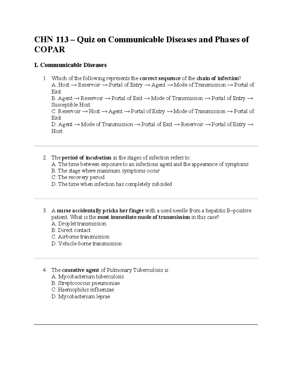 CHN 113 Quiz on Communicable Diseases & COPAR Phases - Studocu