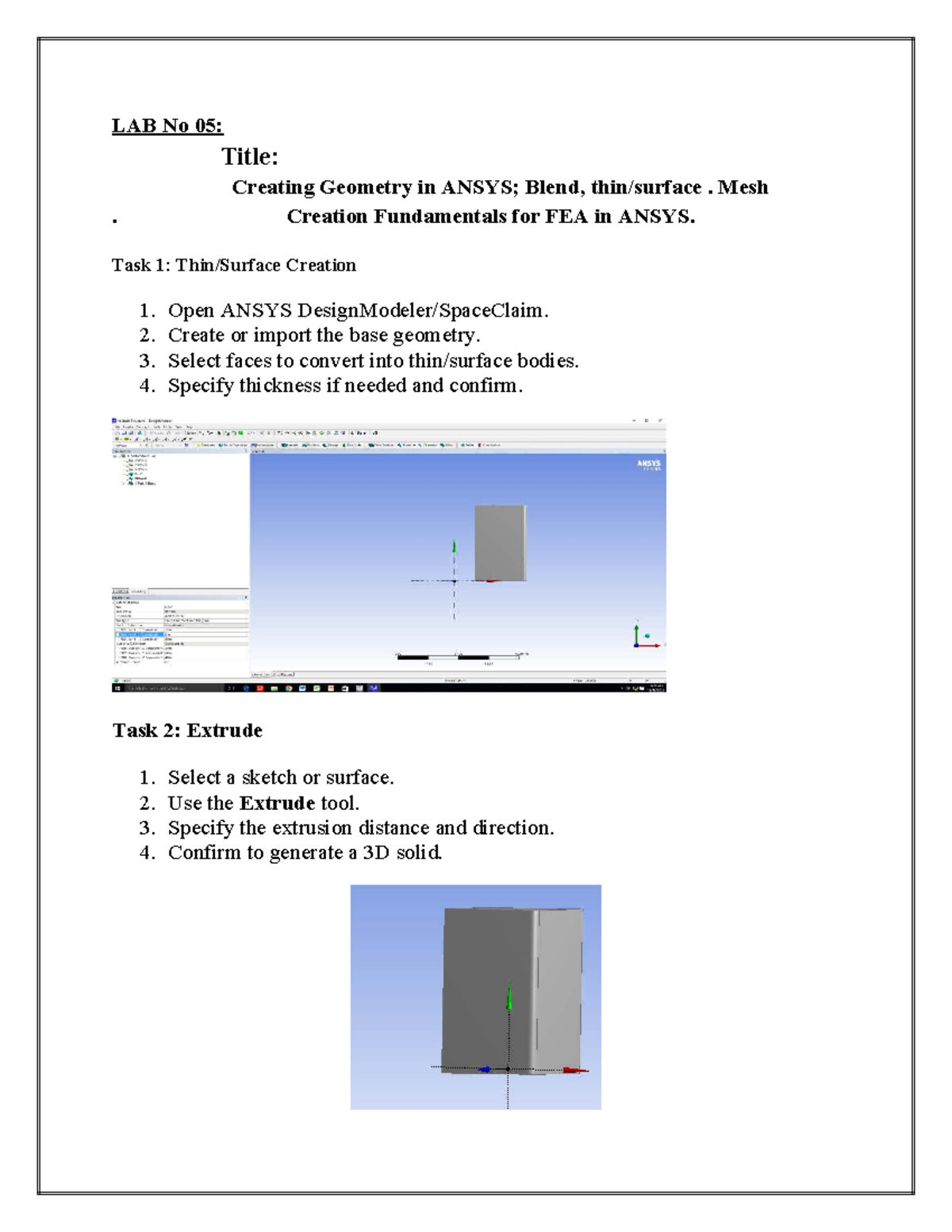 LAB No 05: Geometry Creation & Mesh Fundamentals in ANSYS - Studocu