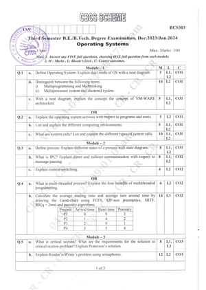 Question BANK os - QUESTION BANK – OS [BCS303] Module 1 Define Operating System? Bring out the ...