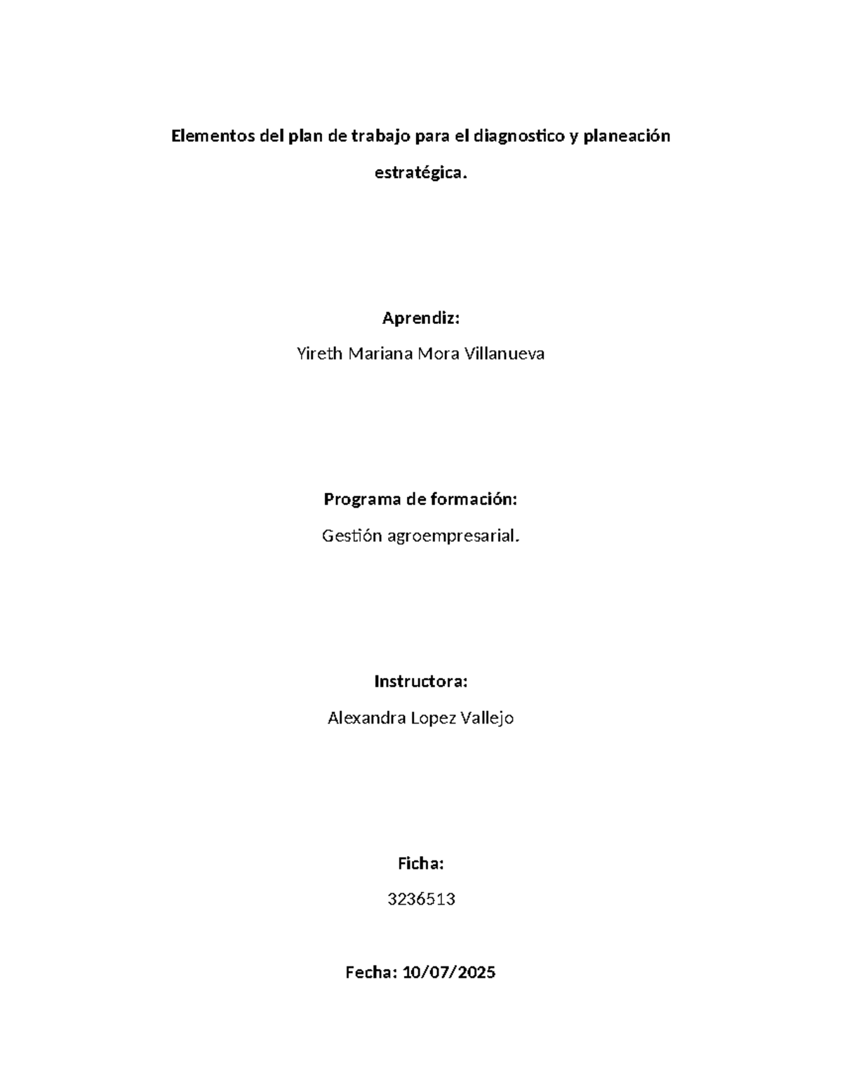 Elementos del Plan de Trabajo para Diagnóstico y Planeación Estratégica en - Studocu