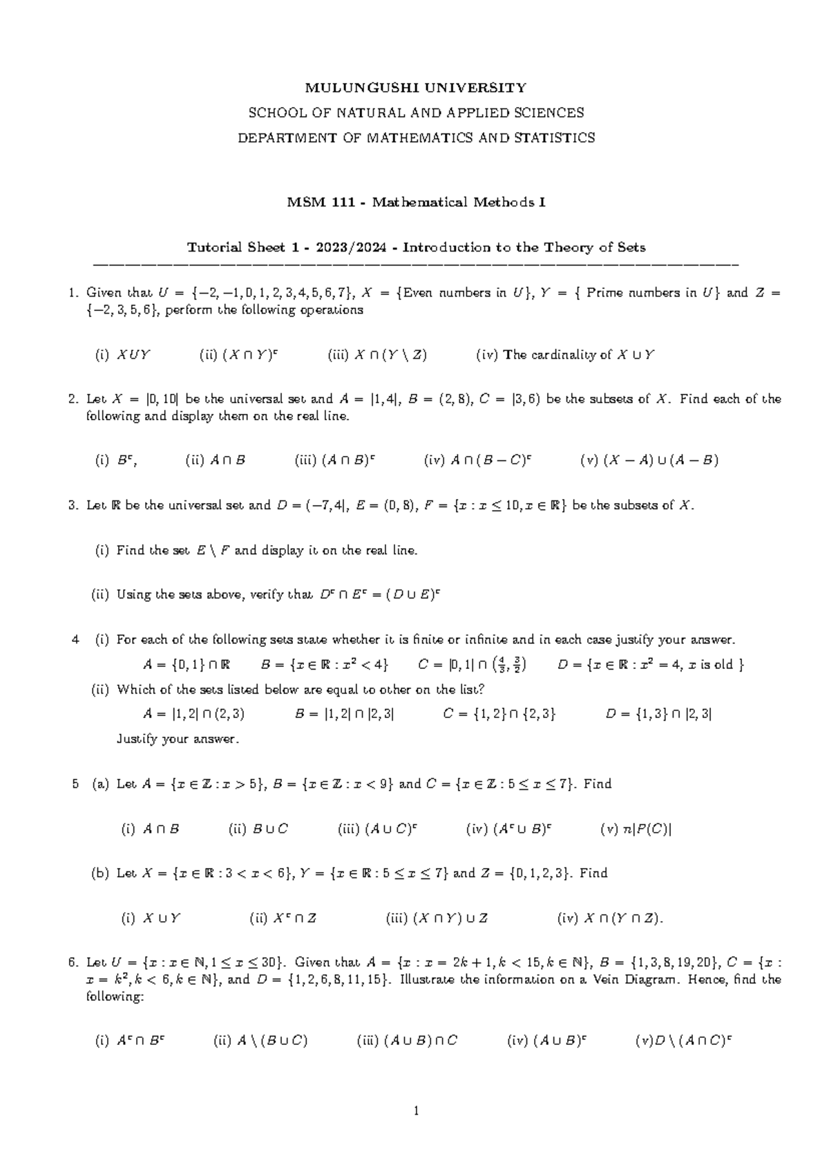 MSM111 - Mathematical Methods I Tutorial 1: Introduction to Set Theory ...