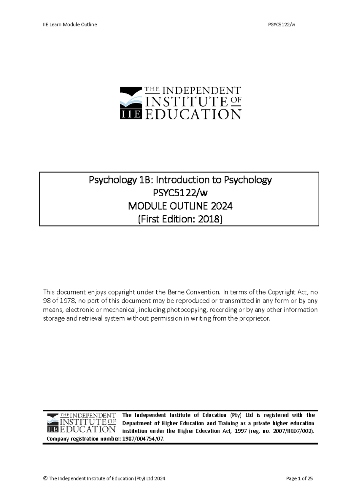 PSYC5122 MO - Psychology 1B: Module Outline 2024 (1st Ed.) - Studocu