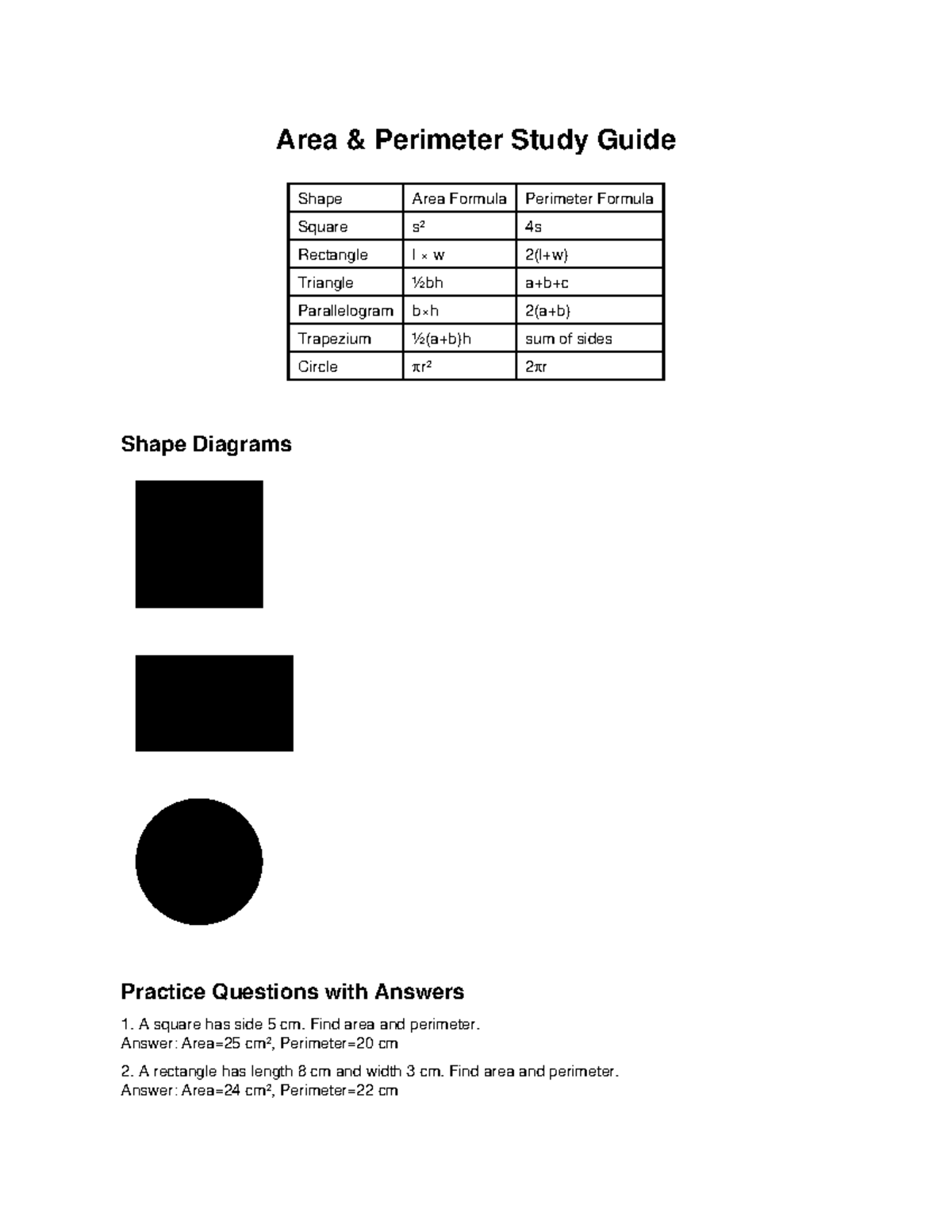 Area perimeter study - Mathematics - Area & Perimeter Study Guide Shape ...