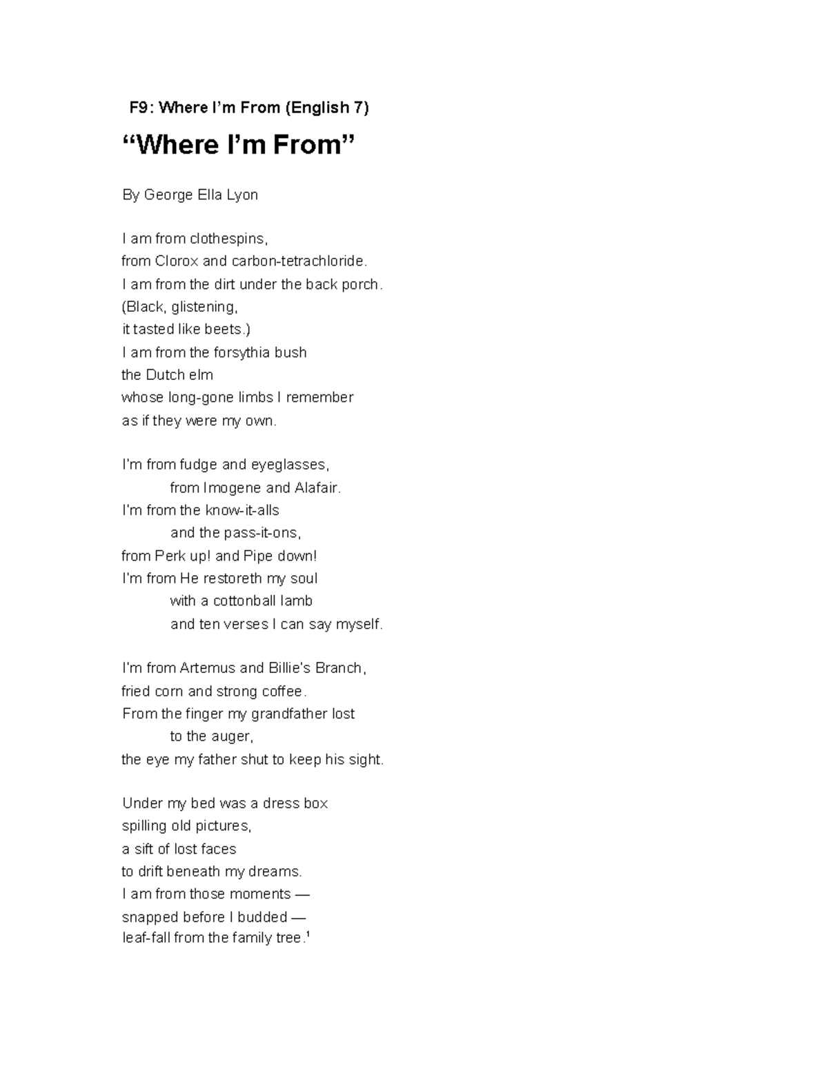 F9: "Where I'm From" Poem Analysis (English 7) - Studocu