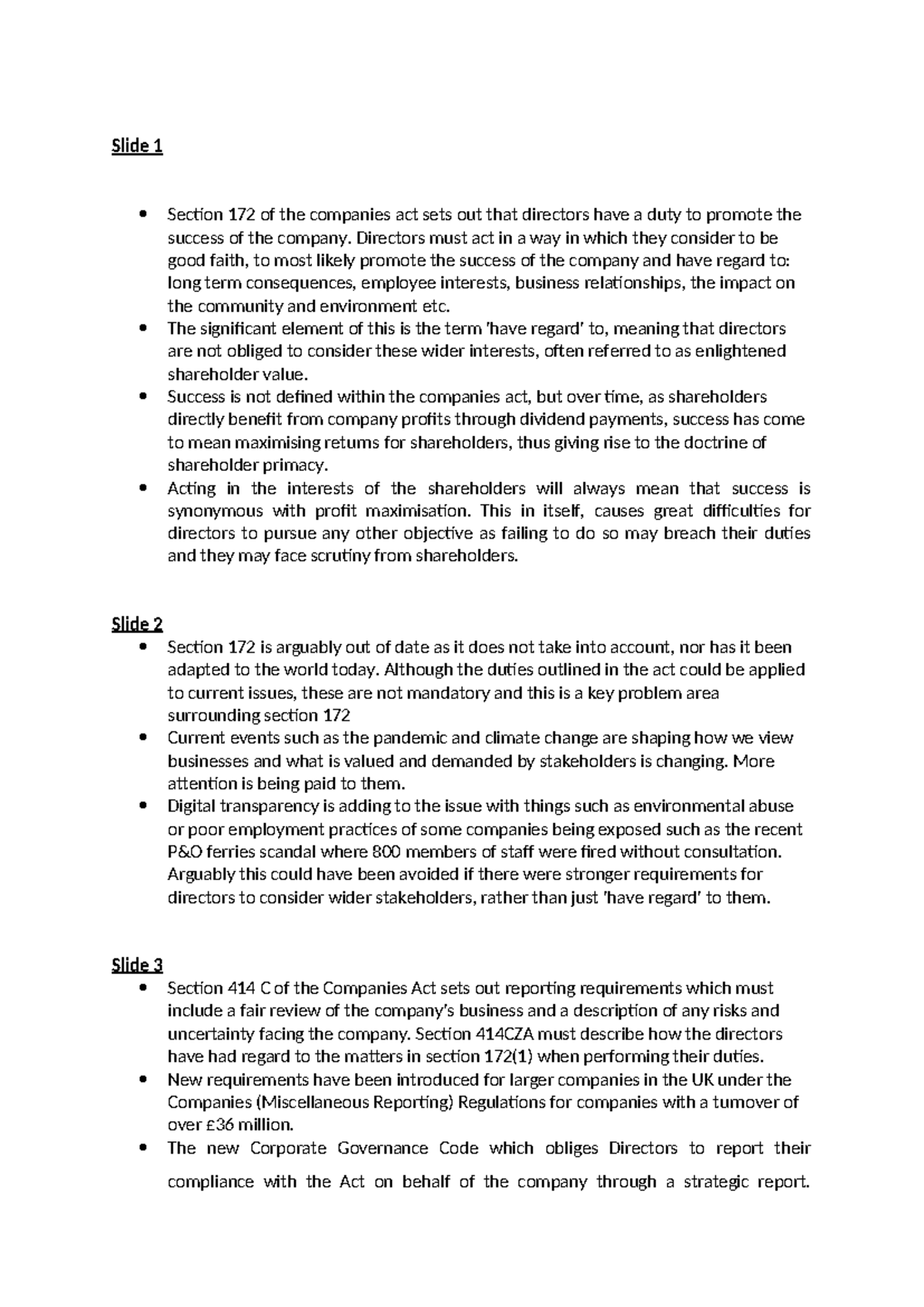 Analysis of Section 172 and the Better Business Act: Impacts on Directors' Duties - Studocu