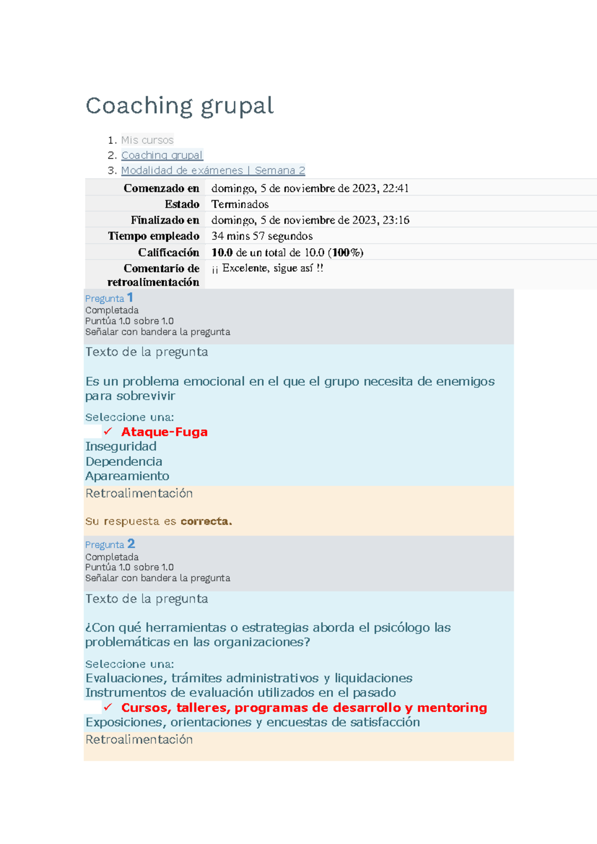 Coaching Grupal: Examen Semanas 1 y 2 - Resultados y Retroalimentación - Studocu