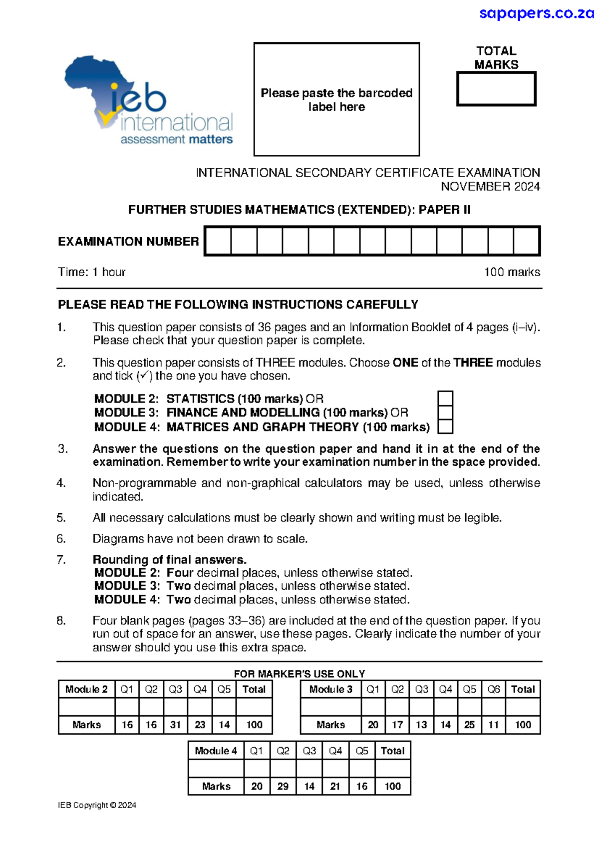 Further Studies Mathematics (Extended) P2 Exam Nov 2024 - Studocu