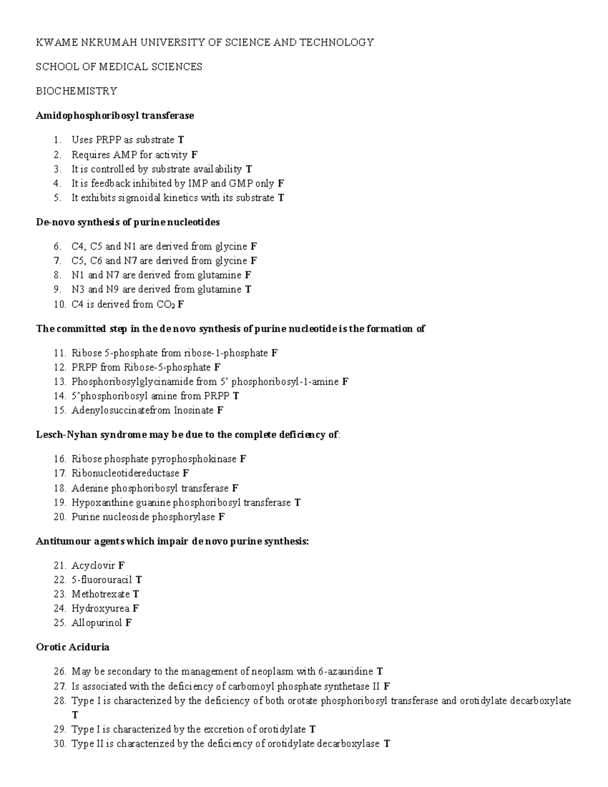 Biochem Sample Questions for KNUST School of Medical Sciences - Studocu