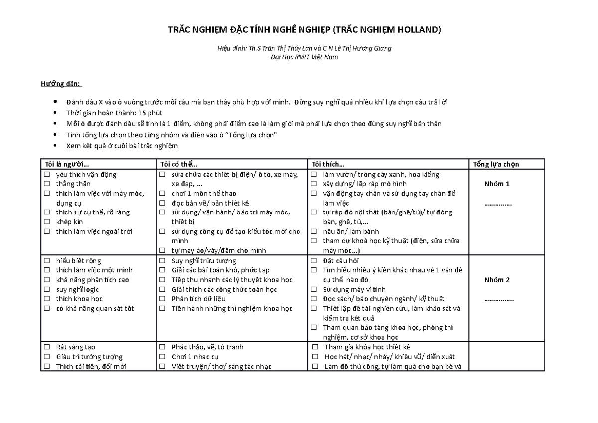 1.1.Trac nghiem Holland - TRẮẮC NGHI M Đ C TÍNH NGHỀỀ NGHI P (TRẮẮC NGHI M HOLLAND)ỆẶỆỆ Hi u ...