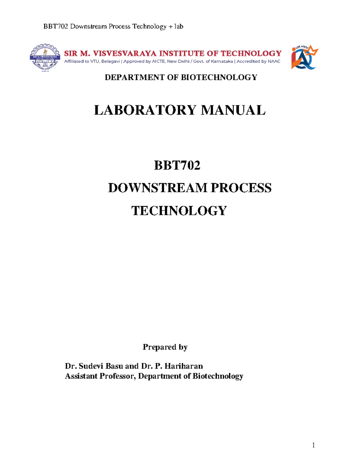 BBT702 Downstream Process Technology Lab Manual: Experiments ...