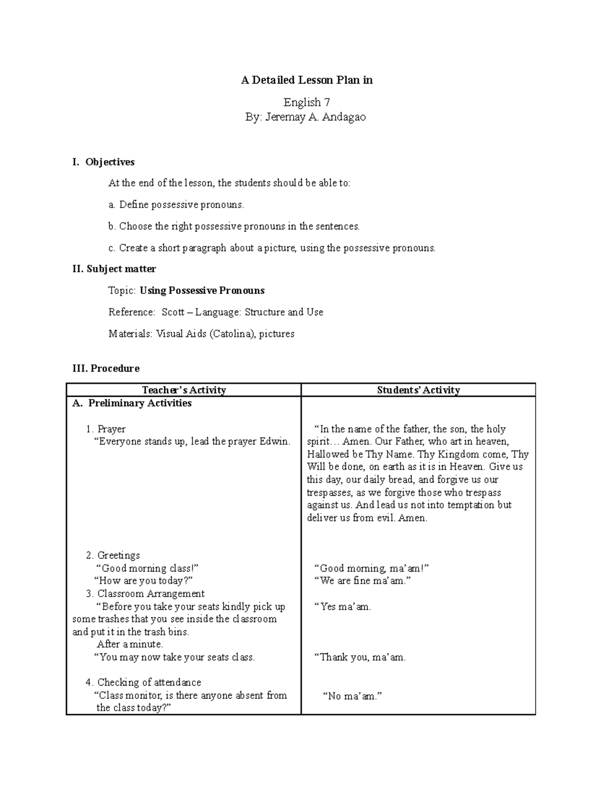 Lesson Plan for English 7: Using Possessive Pronouns - Studocu