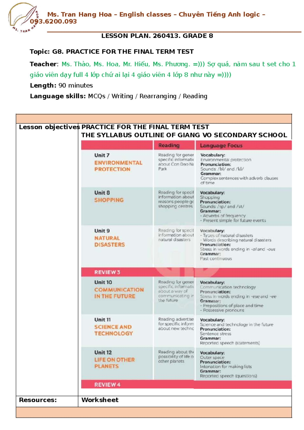 G8 English Lesson Plan: Final Term Test Preparation - Studocu