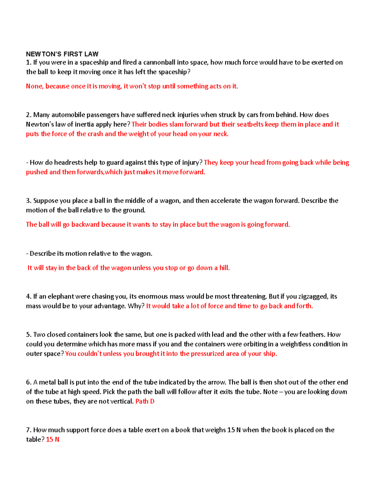 Worksheet 6: Conceptual Q's on Newton's 1st Law of Motion - Studocu