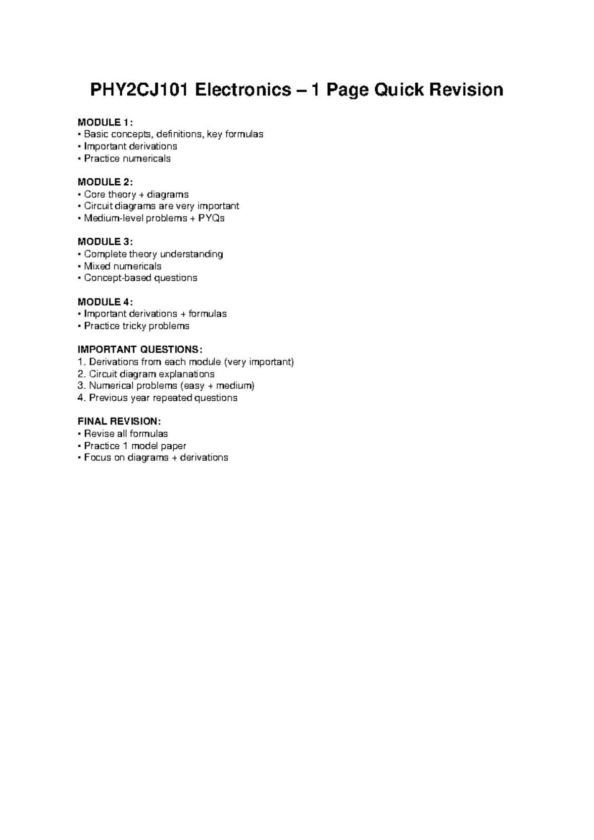 Electronics Revision PHY2CJ101 - PHY2CJ101 Electronics – 1 Page Quick ...